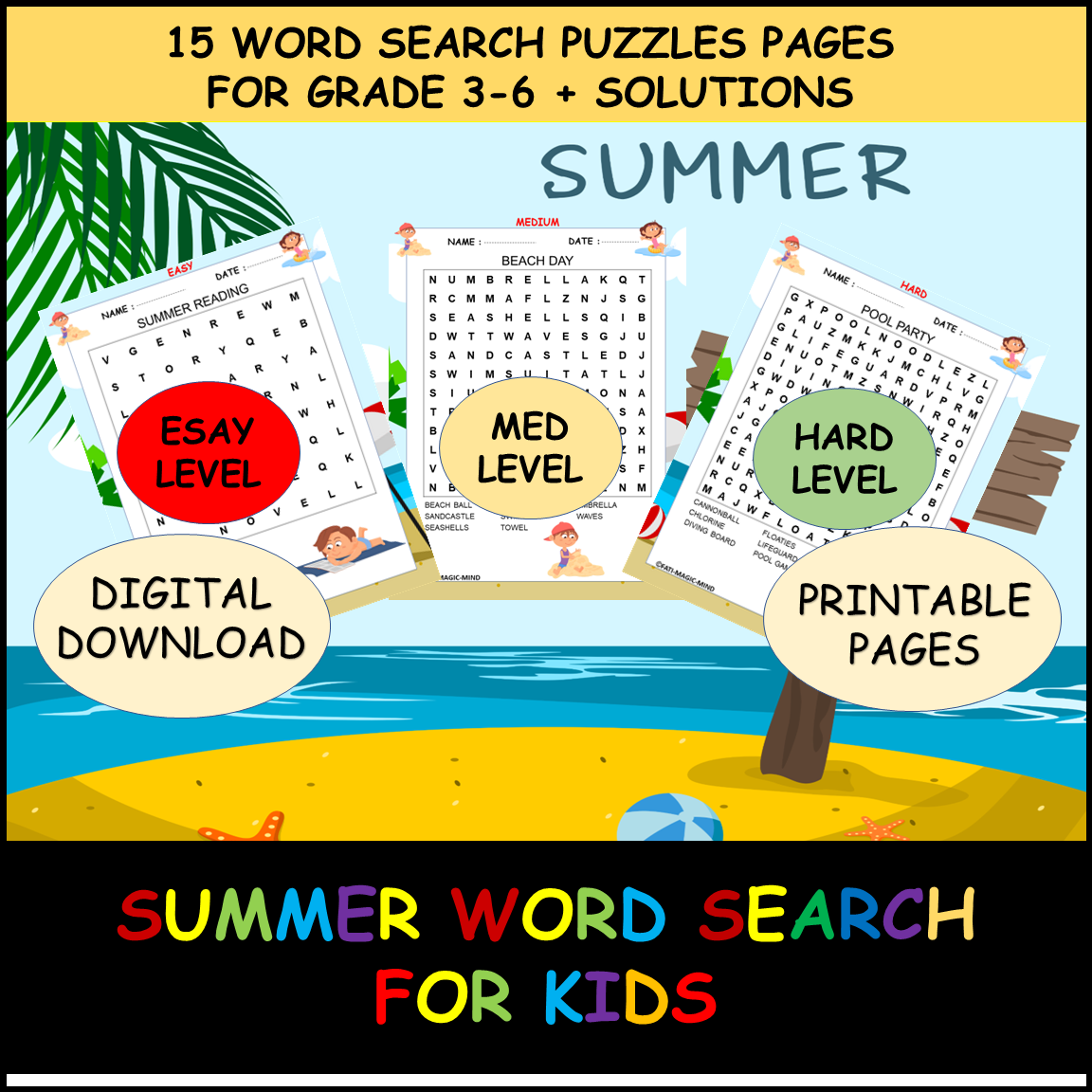 Summer Word Search Puzzles Grade 3-6: 15 Fun End of Year Printable ...