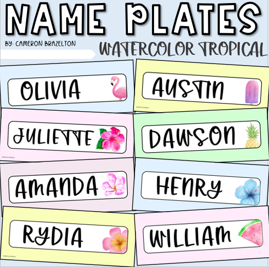 Name Tags Plates Desk Labels Watercolor Tropical Calming Muted Theme ...