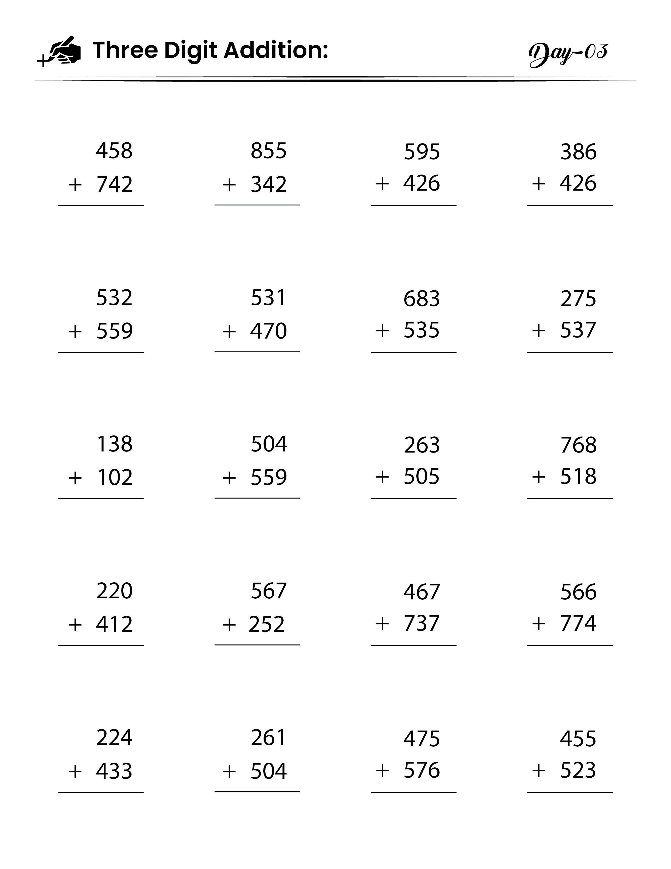 Master Three-Digit Addition in 30 Days: Printable Worksheets Challenge ...