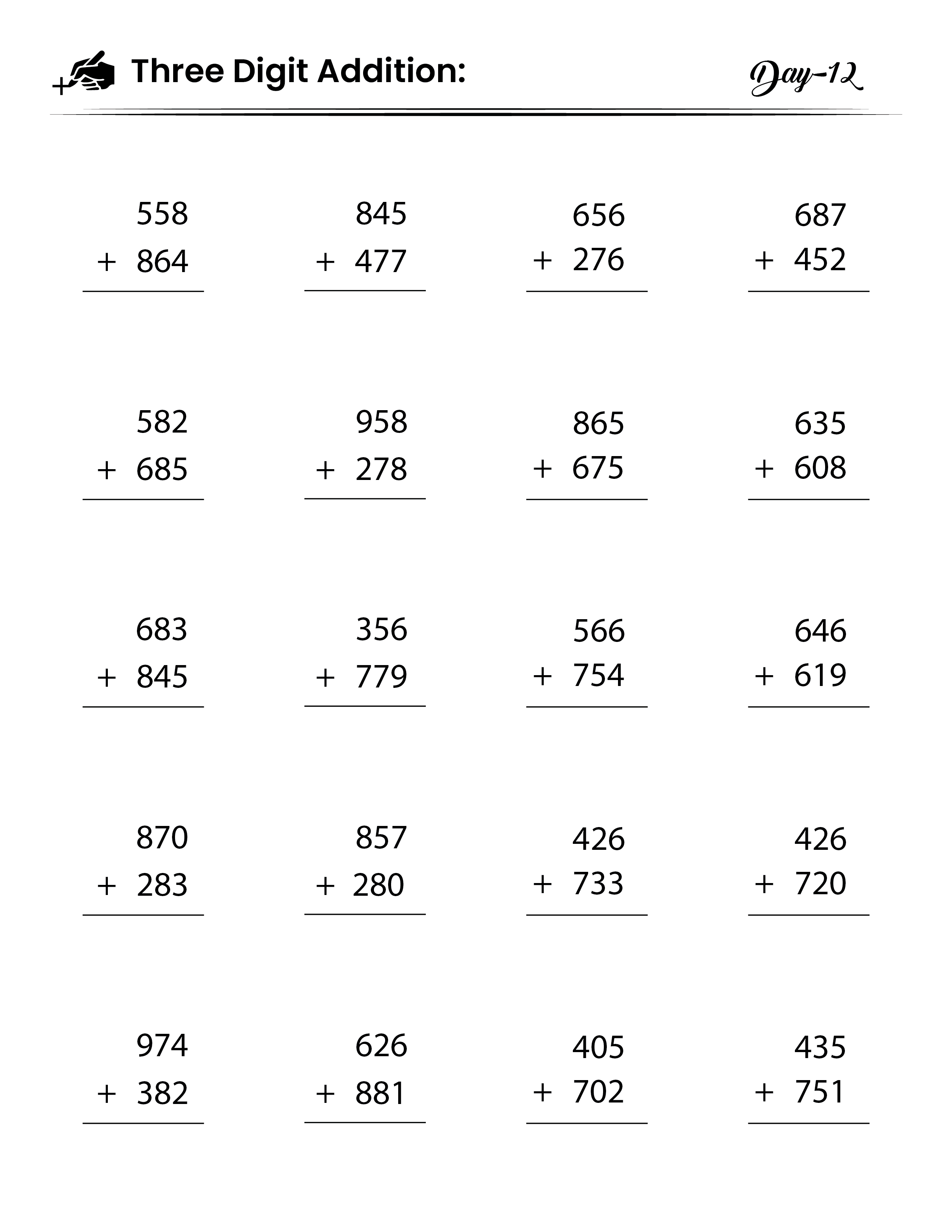 Master Three-Digit Addition in 30 Days: Printable Worksheets Challenge ...