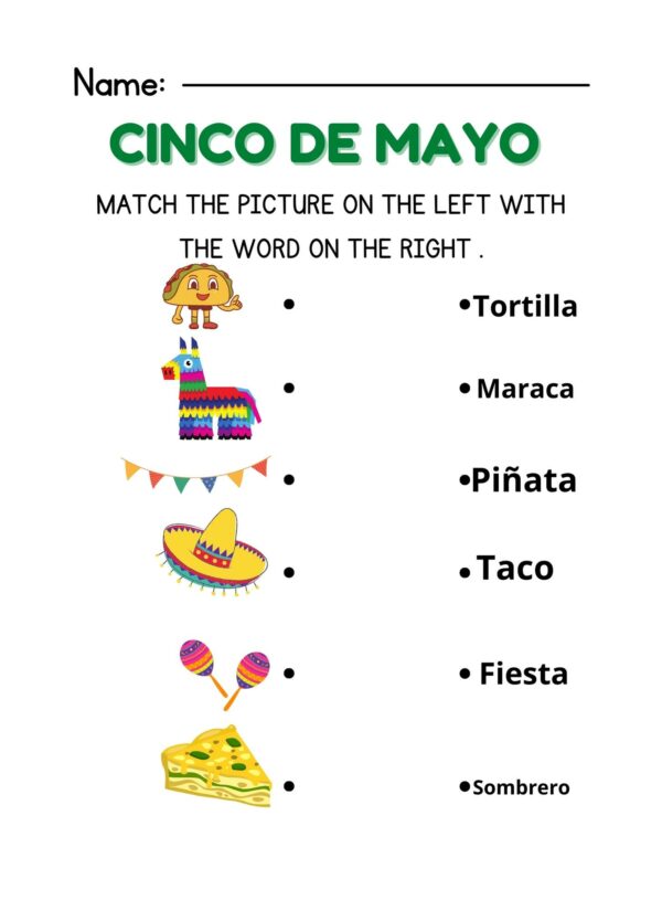 Printable Cinco de Mayo Matching Worksheets Matching Word To Picture ...