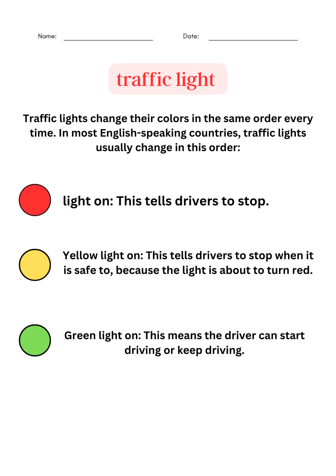 lesson coloring printable traffic light worksheet for class 1, 2, 3 ...