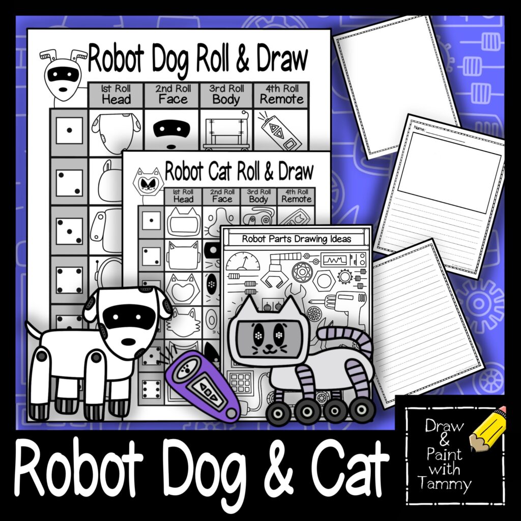 Roll a robot dog or cat roll and draw art activity game Art sub lesson ...