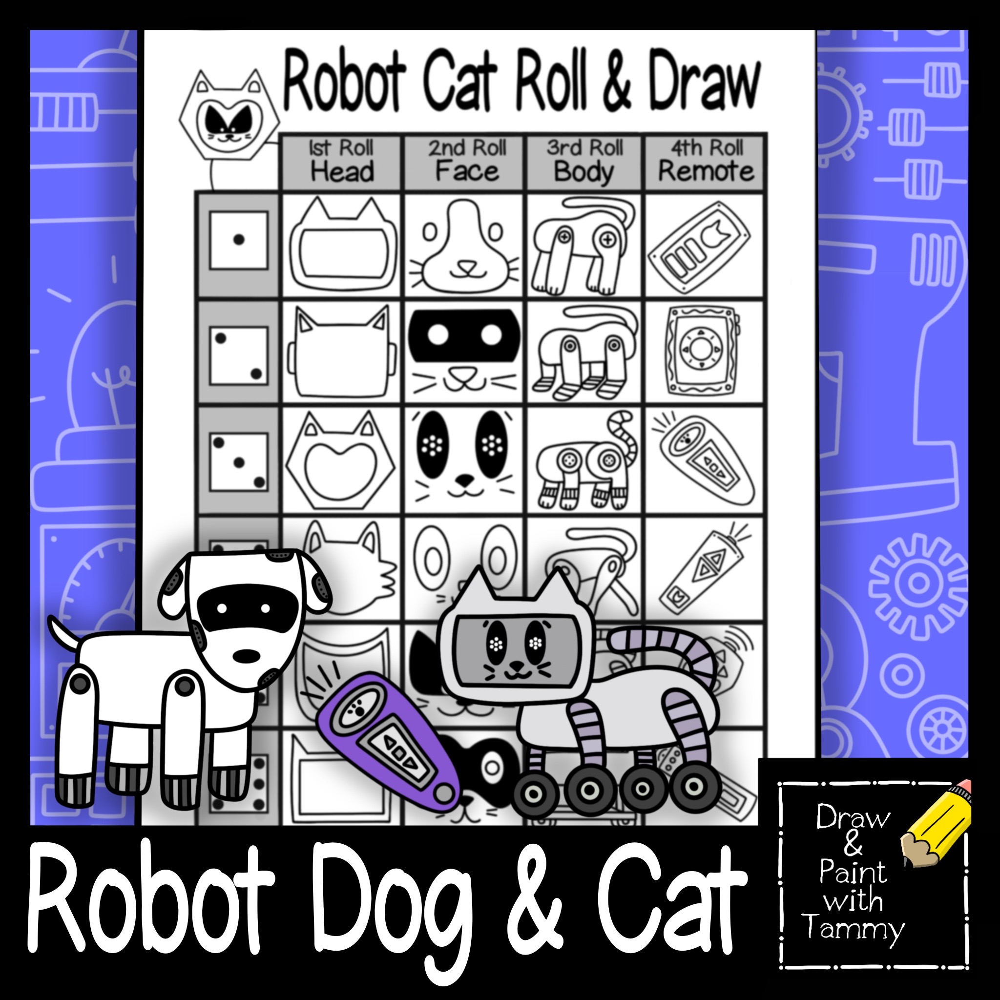 Roll a robot dog or cat roll and draw art activity game Art sub lesson ...