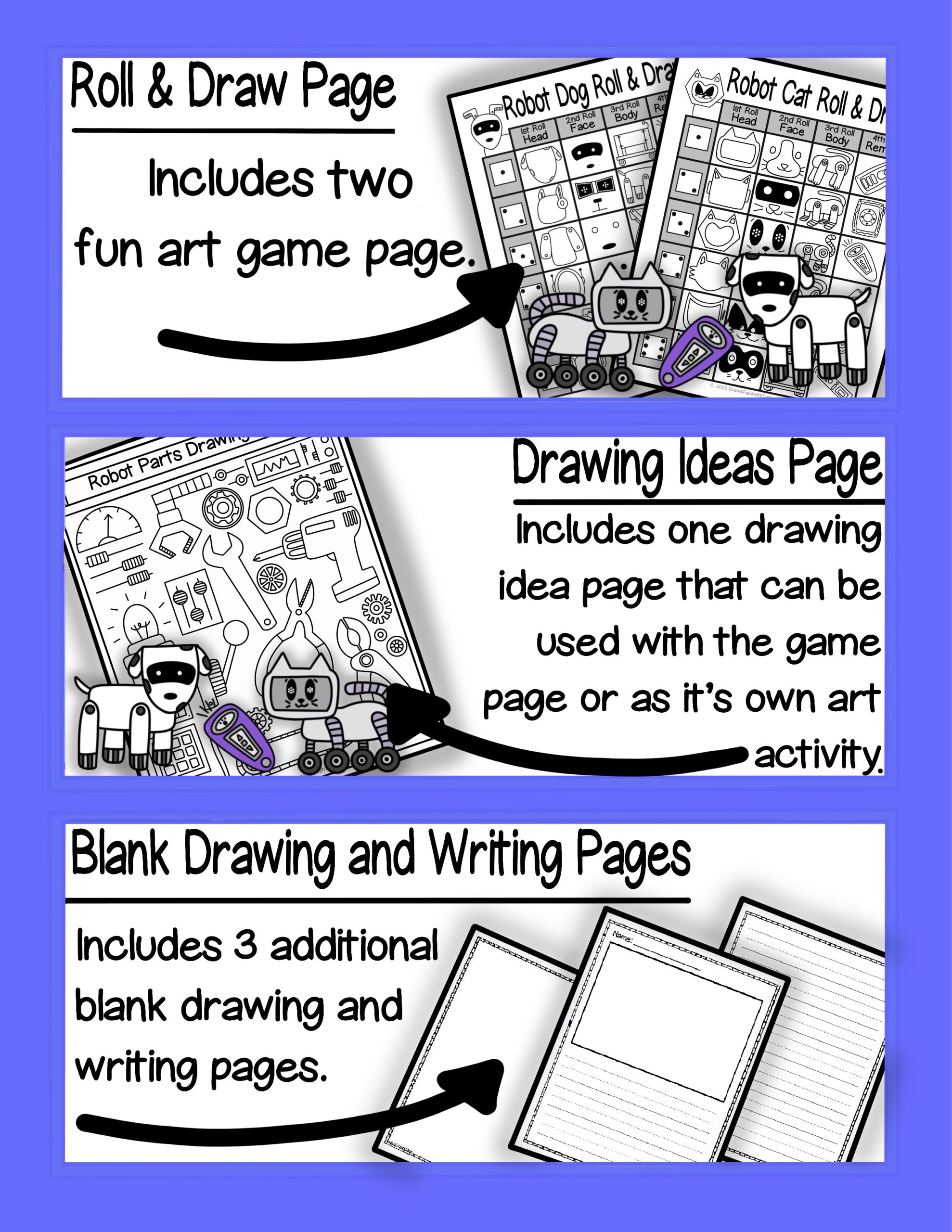 Roll a robot dog or cat roll and draw art activity game Art sub lesson ...