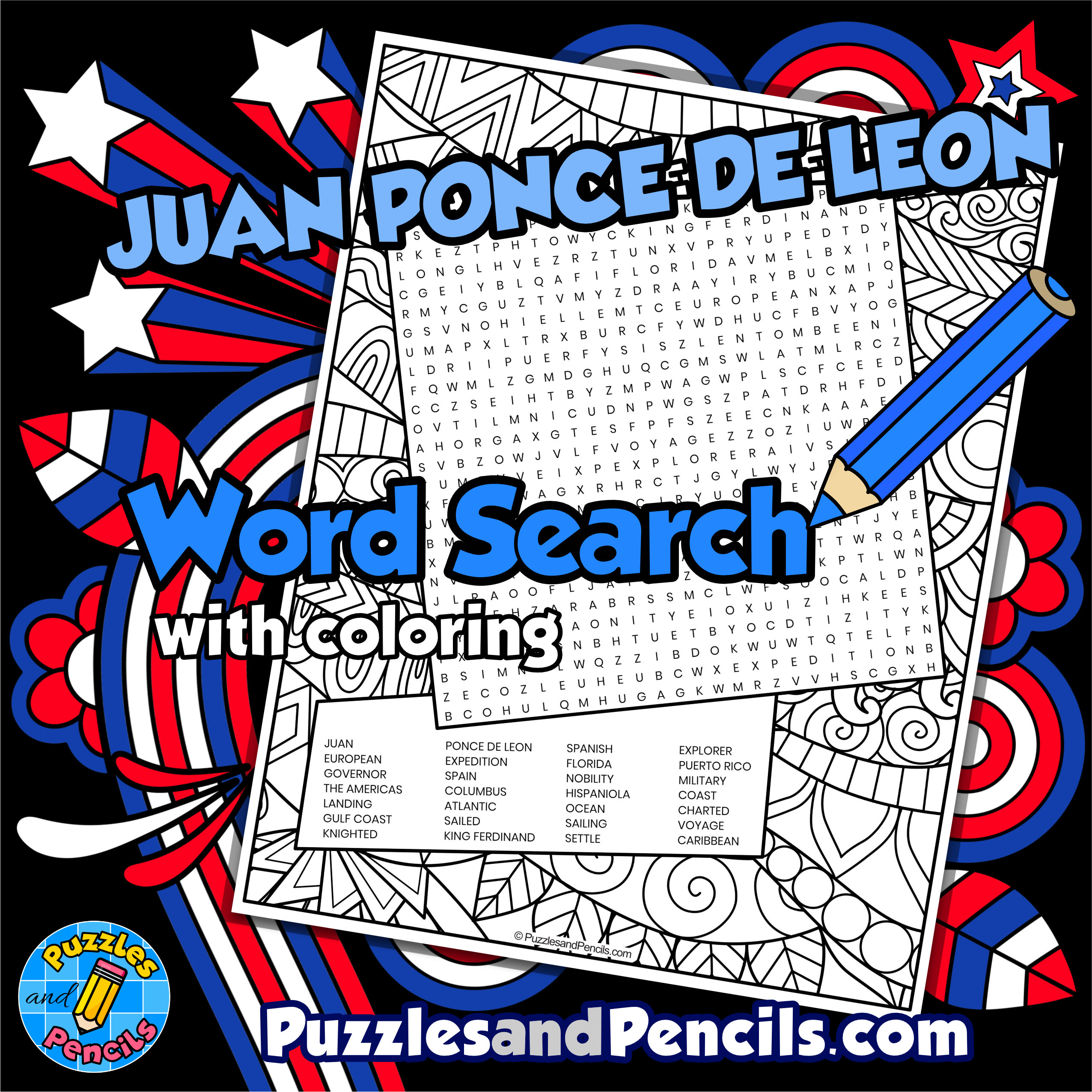 Juan Ponce de Leon Word Search Puzzle with Coloring | US History ...