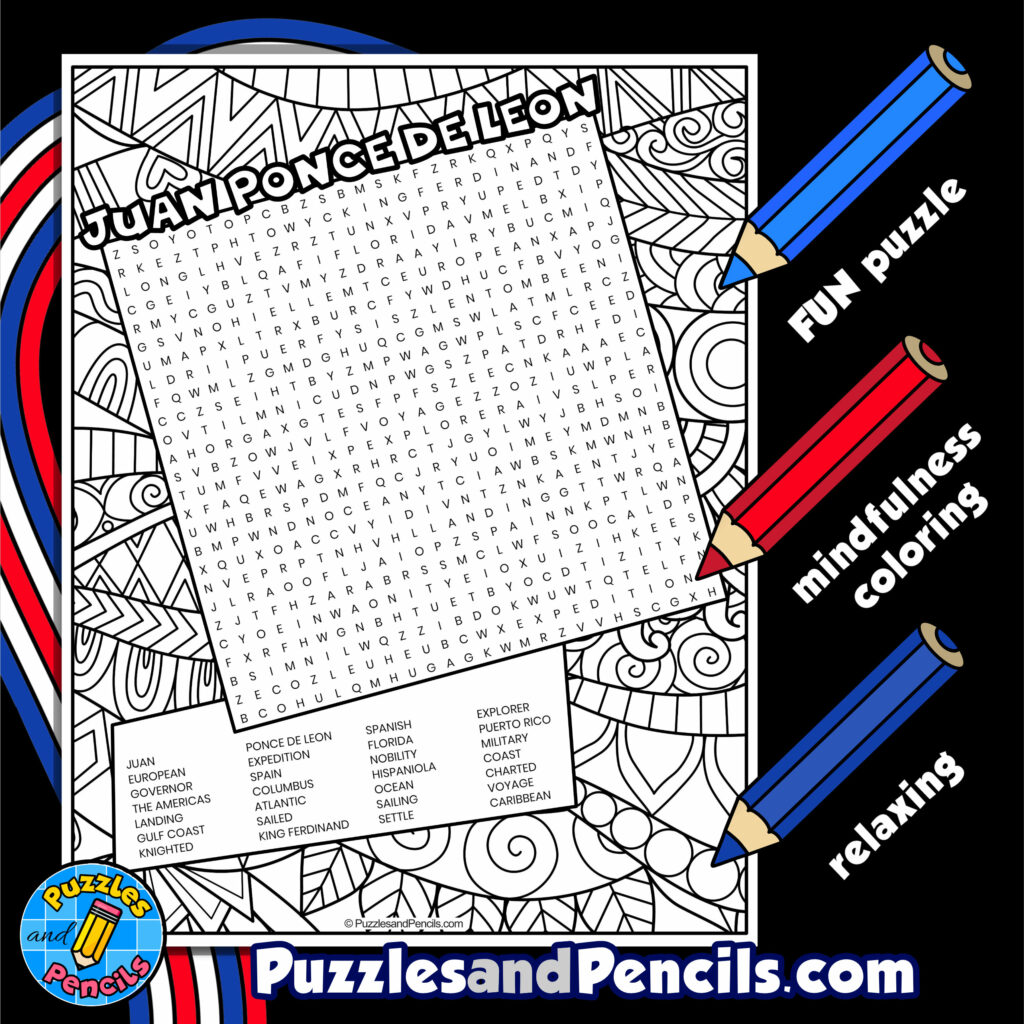 Juan Ponce de Leon Word Search Puzzle with Coloring | US History ...