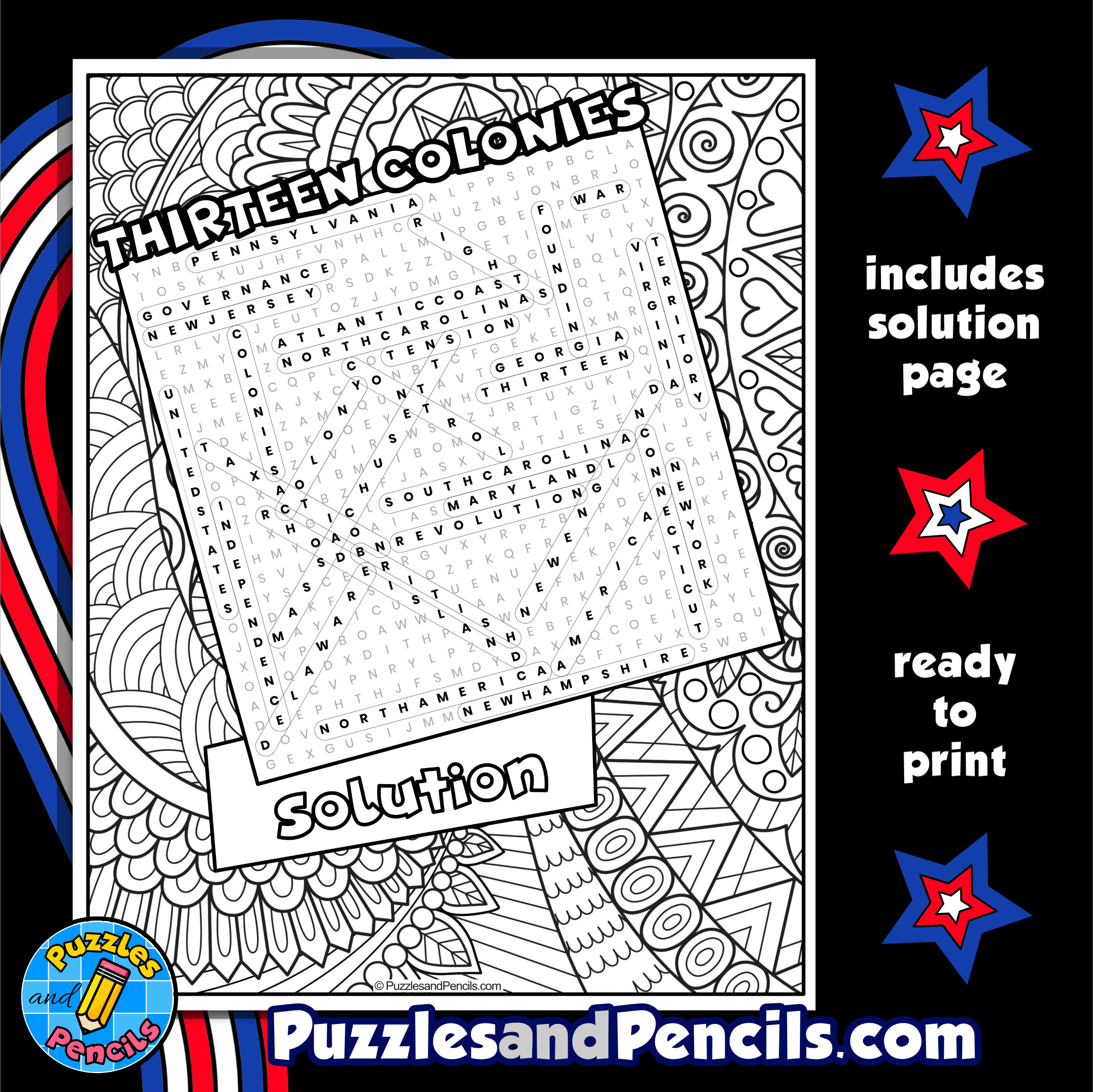 Thirteen Colonies Word Search Puzzle with Coloring | US History ...