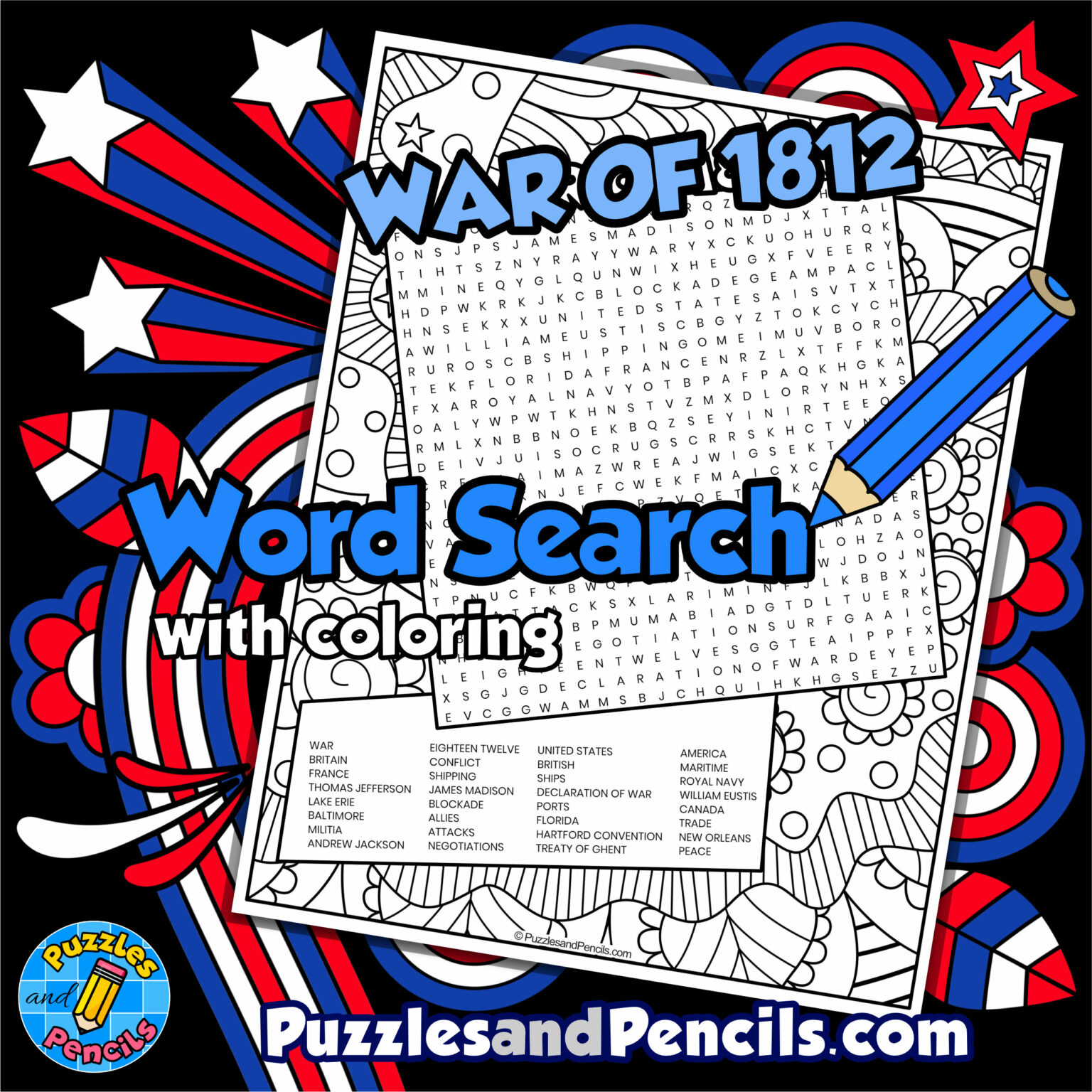 War of 1812 Word Search Puzzle with Coloring | US History Wordsearch ...