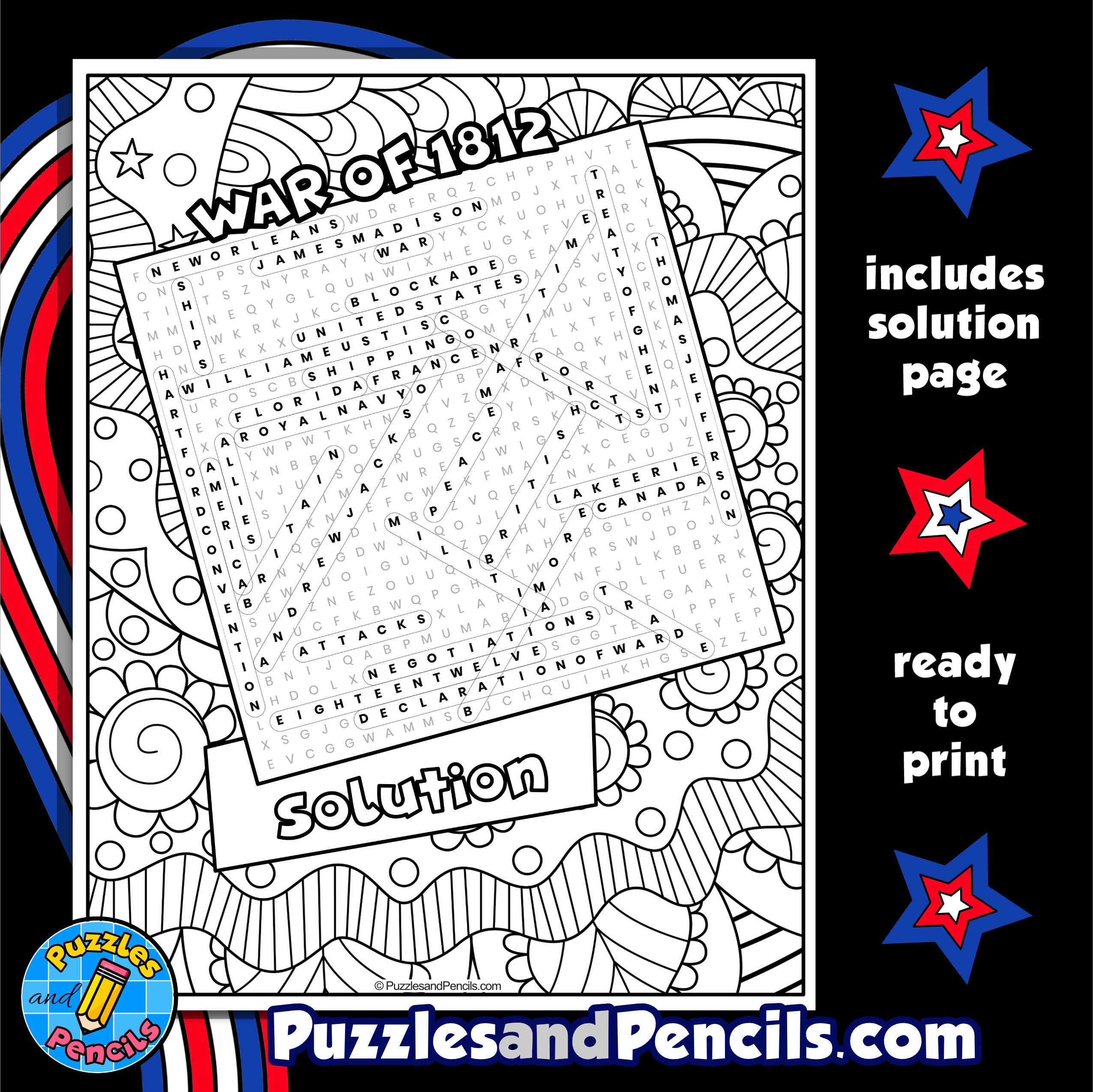 War of 1812 Word Search Puzzle with Coloring | US History Wordsearch ...