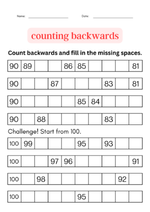 printable backward counting activities 100 to 1 worksheet for grade 1 ...
