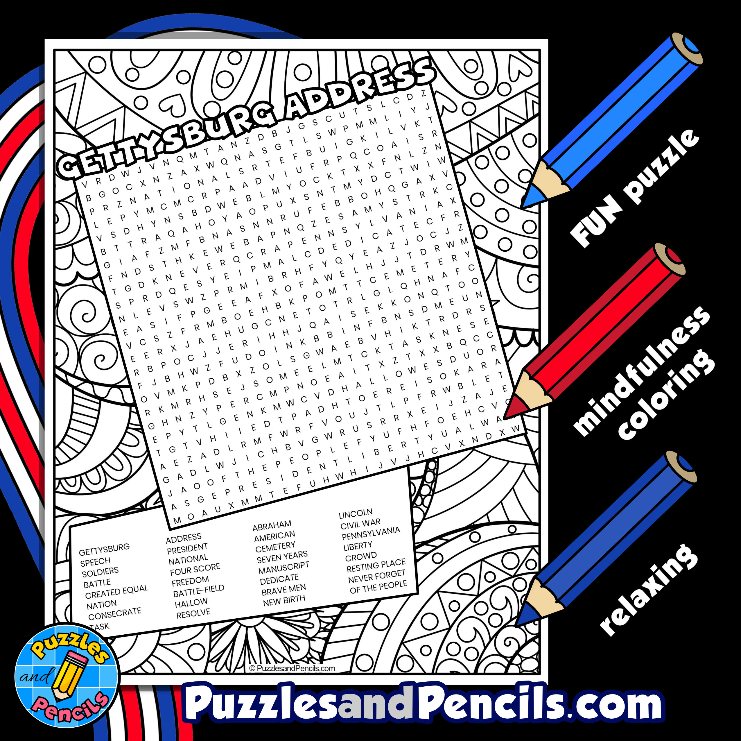 Gettysburg Address Word Search Puzzle with Coloring | US History ...