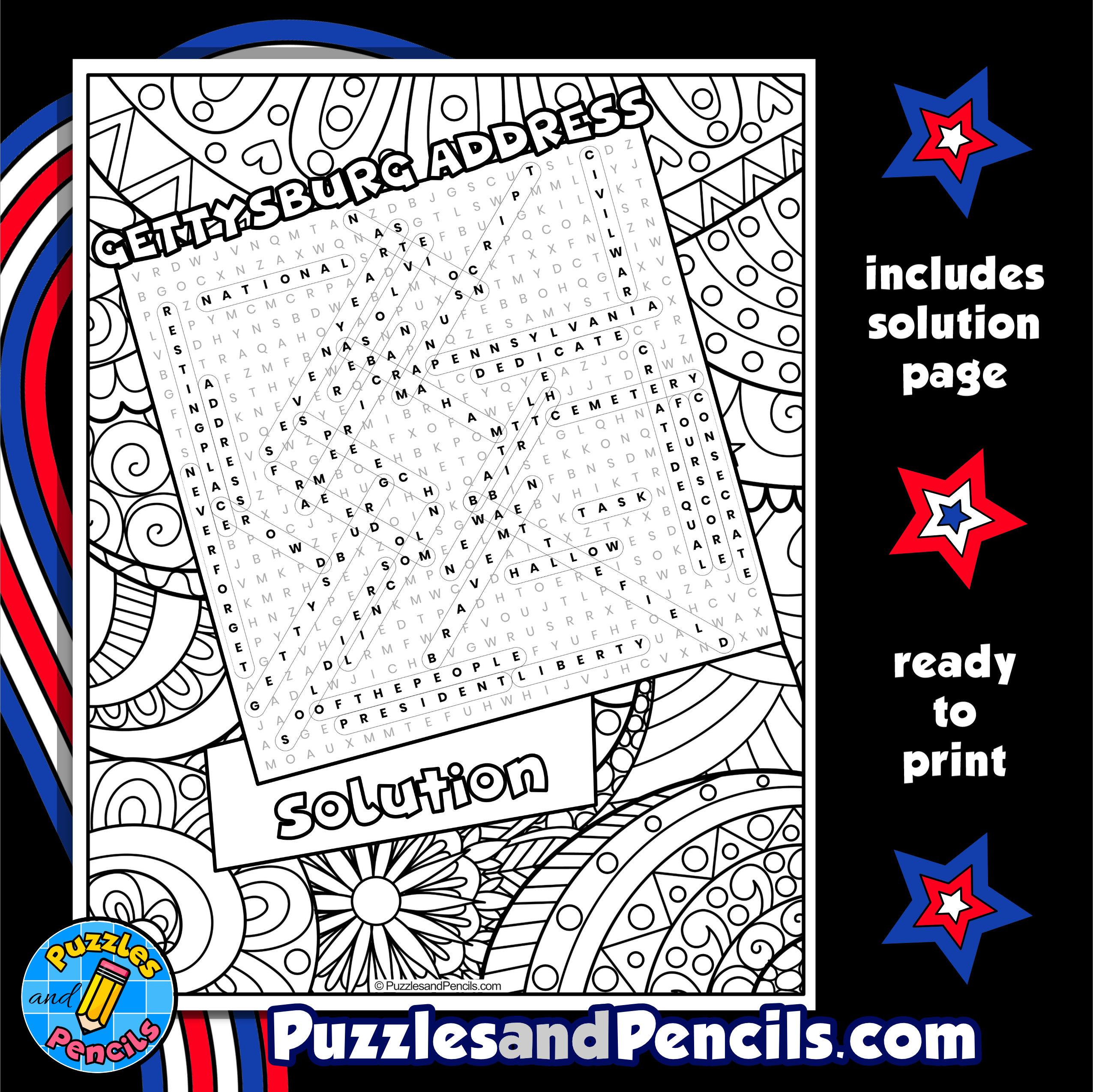 Gettysburg Address Word Search Puzzle with Coloring | US History ...