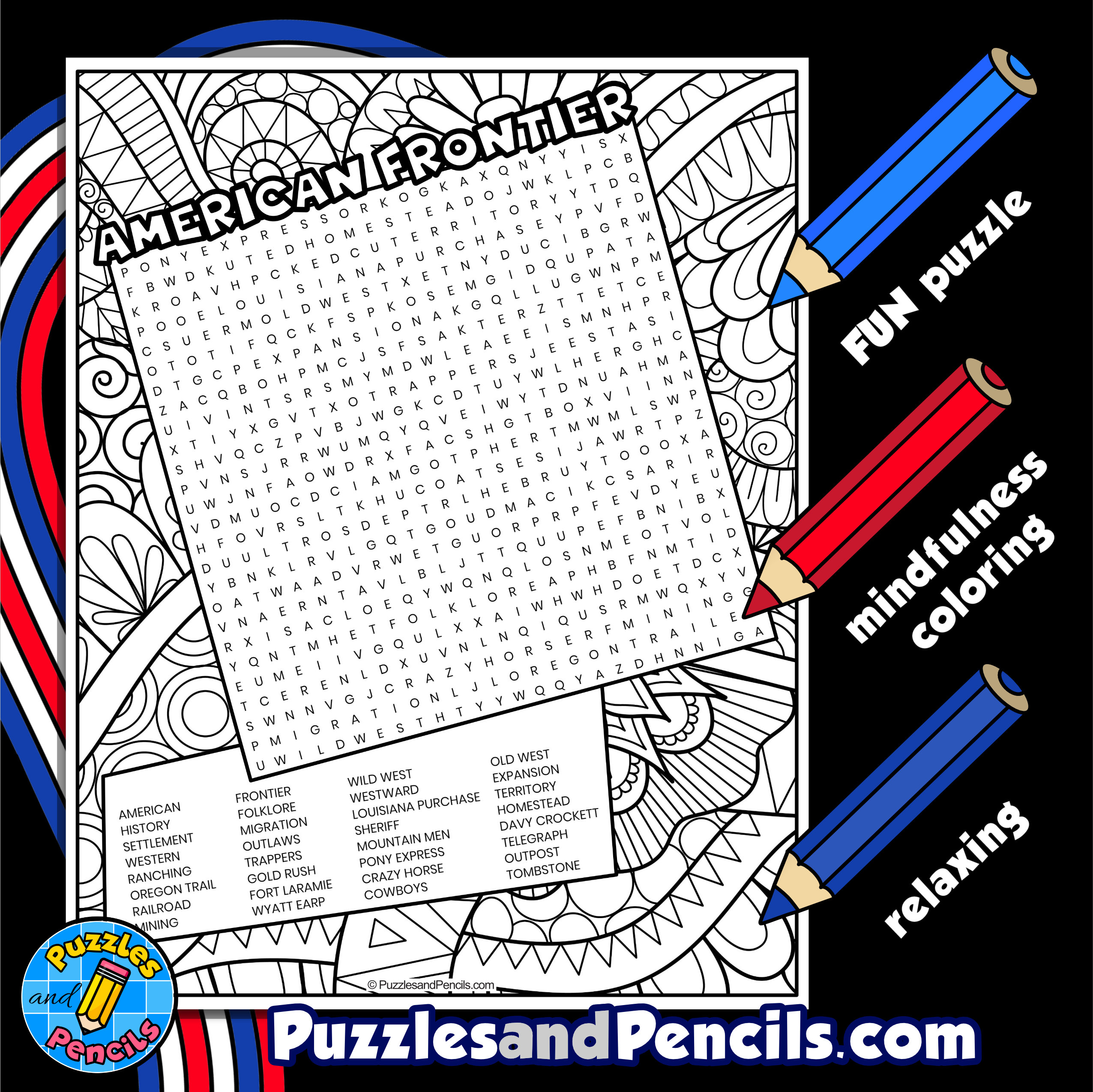 American Frontier Word Search Puzzle with Coloring | US History ...