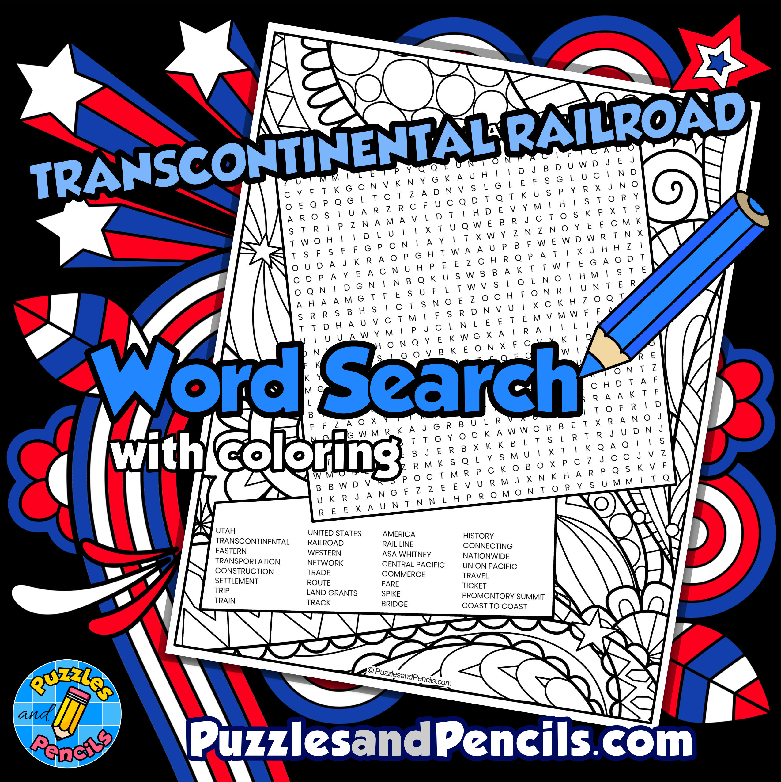 Transcontinental Railroad Word Search Puzzle with Coloring | US History ...