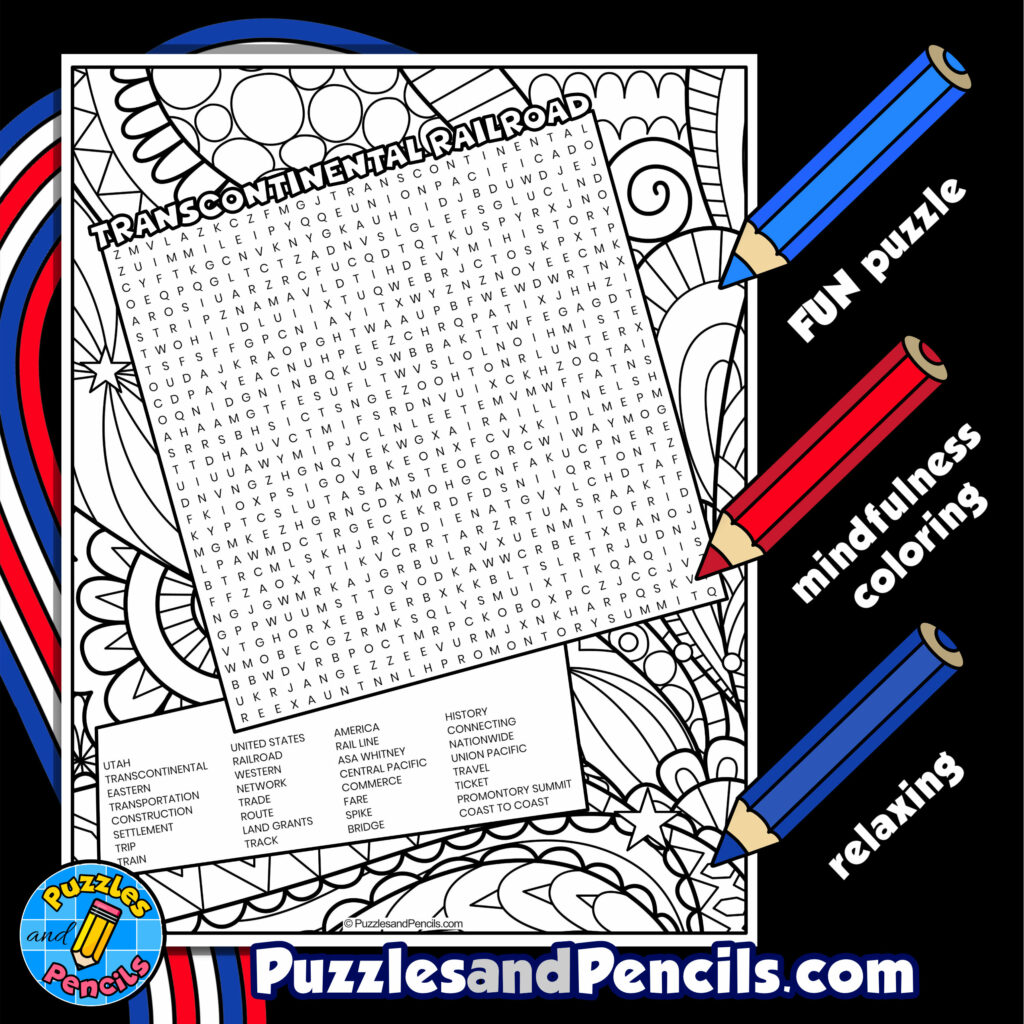 Transcontinental Railroad Word Search Puzzle with Coloring | US History ...