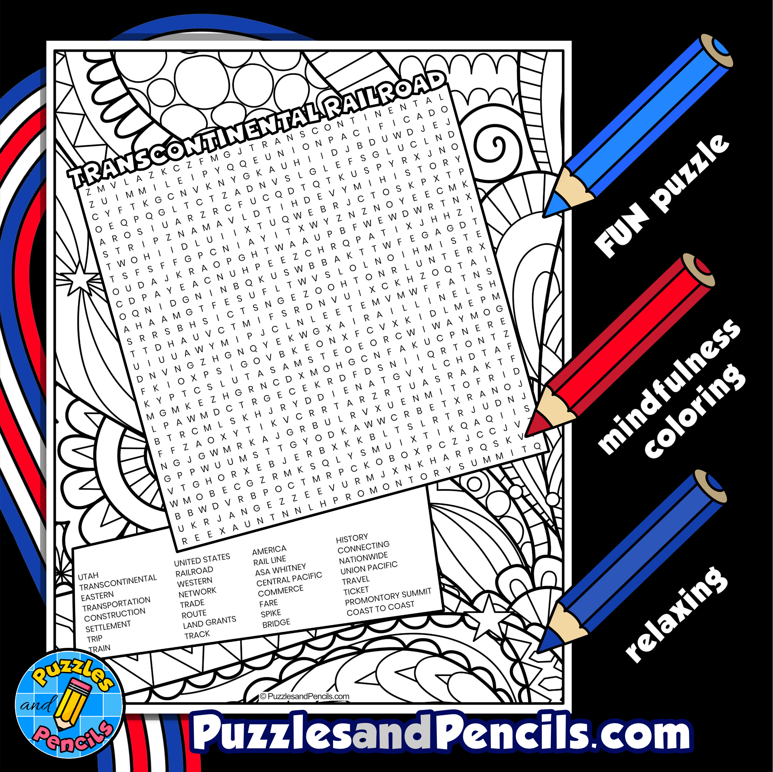 Transcontinental Railroad Word Search Puzzle with Coloring | US History ...