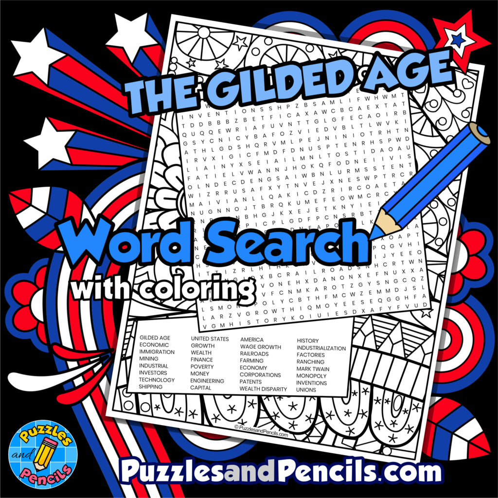 The Gilded Age Word Search Puzzle with Coloring | US History Wordsearch ...