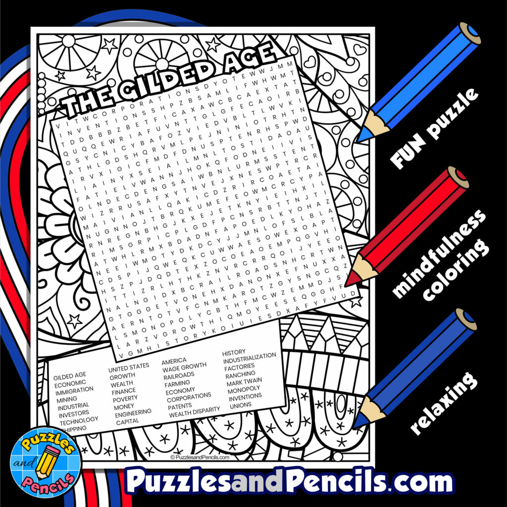 The Gilded Age Word Search Puzzle with Coloring | US History Wordsearch ...