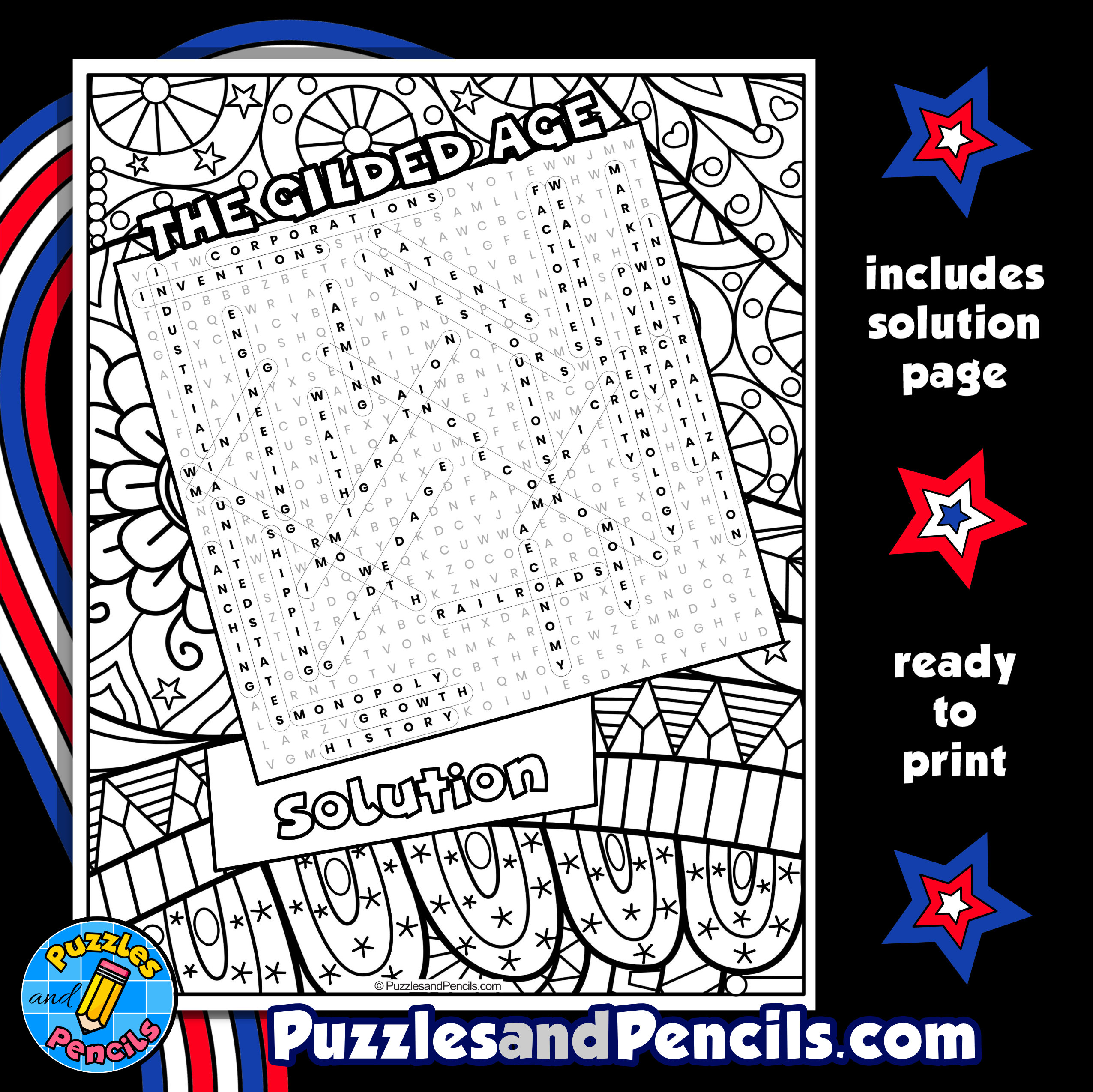 The Gilded Age Word Search Puzzle with Coloring | US History Wordsearch ...