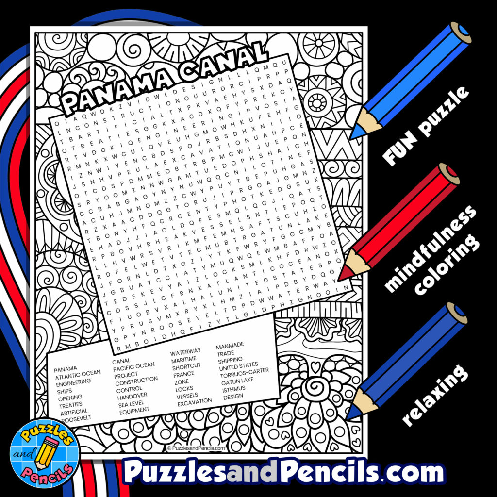 Panama Canal Word Search Puzzle with Coloring | US History Wordsearch ...