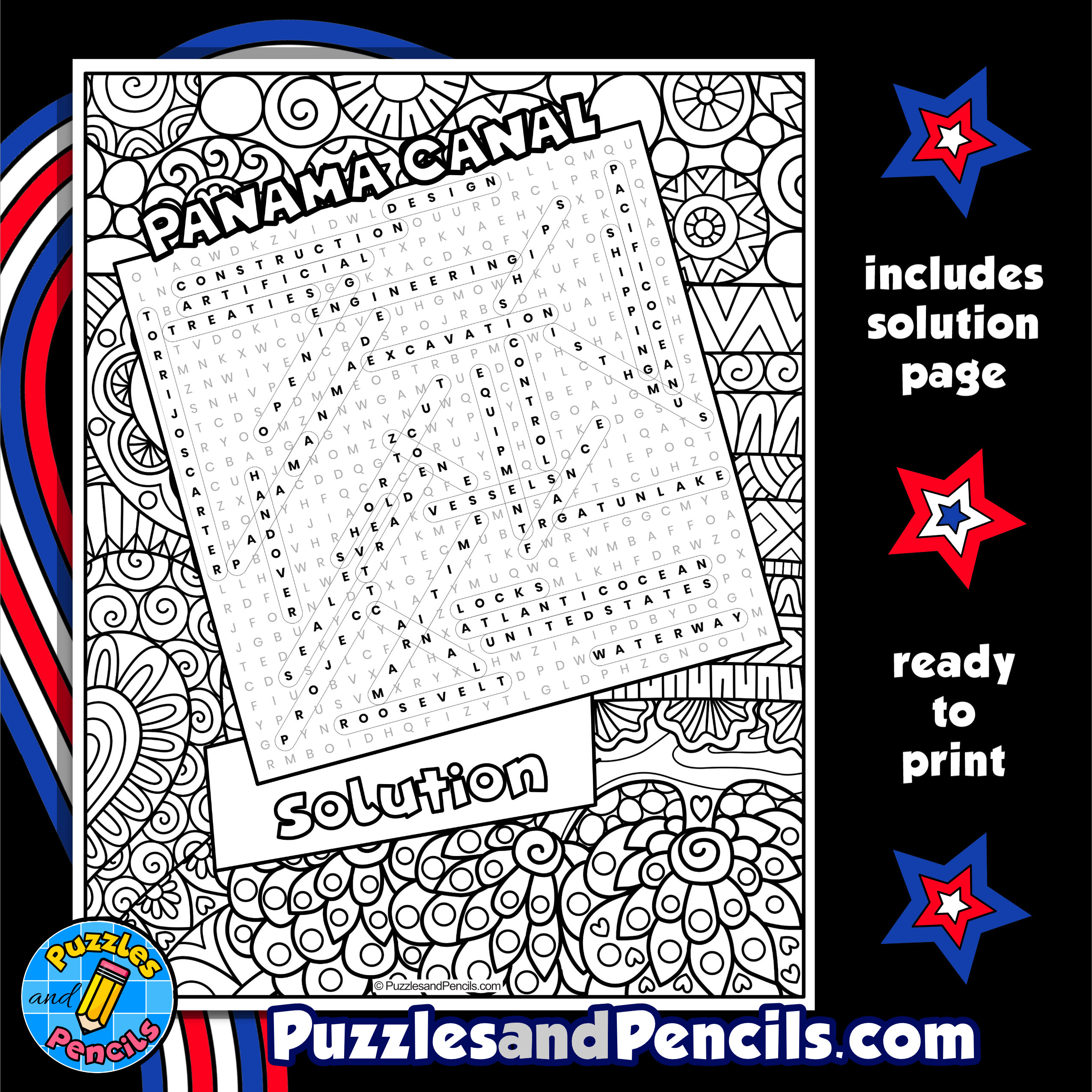 Panama Canal Word Search Puzzle with Coloring | US History Wordsearch ...