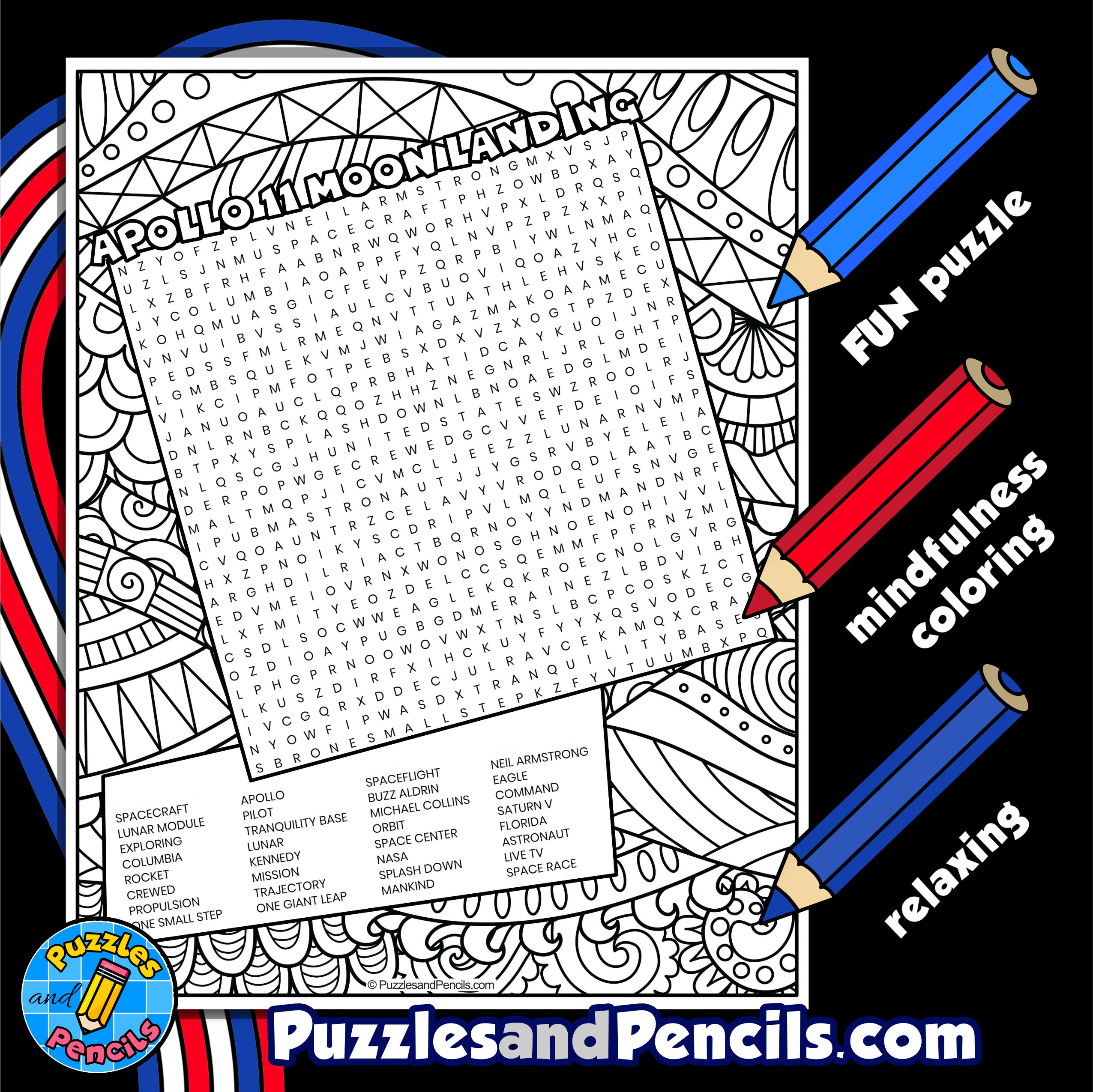 Apollo 11 Moon Landing Word Search Puzzle with Coloring | US History ...
