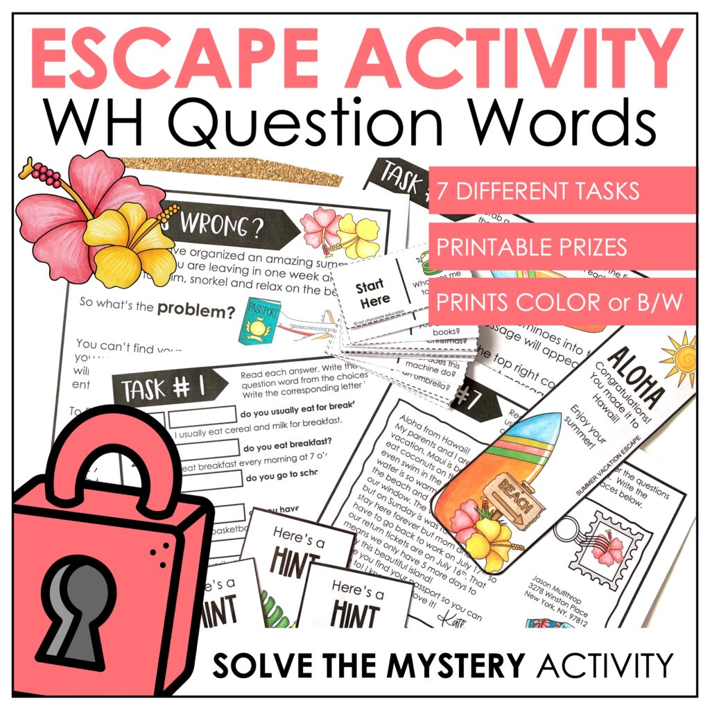 WH Question Escape Activity for ELL, EFL, ESL / Question Word ...