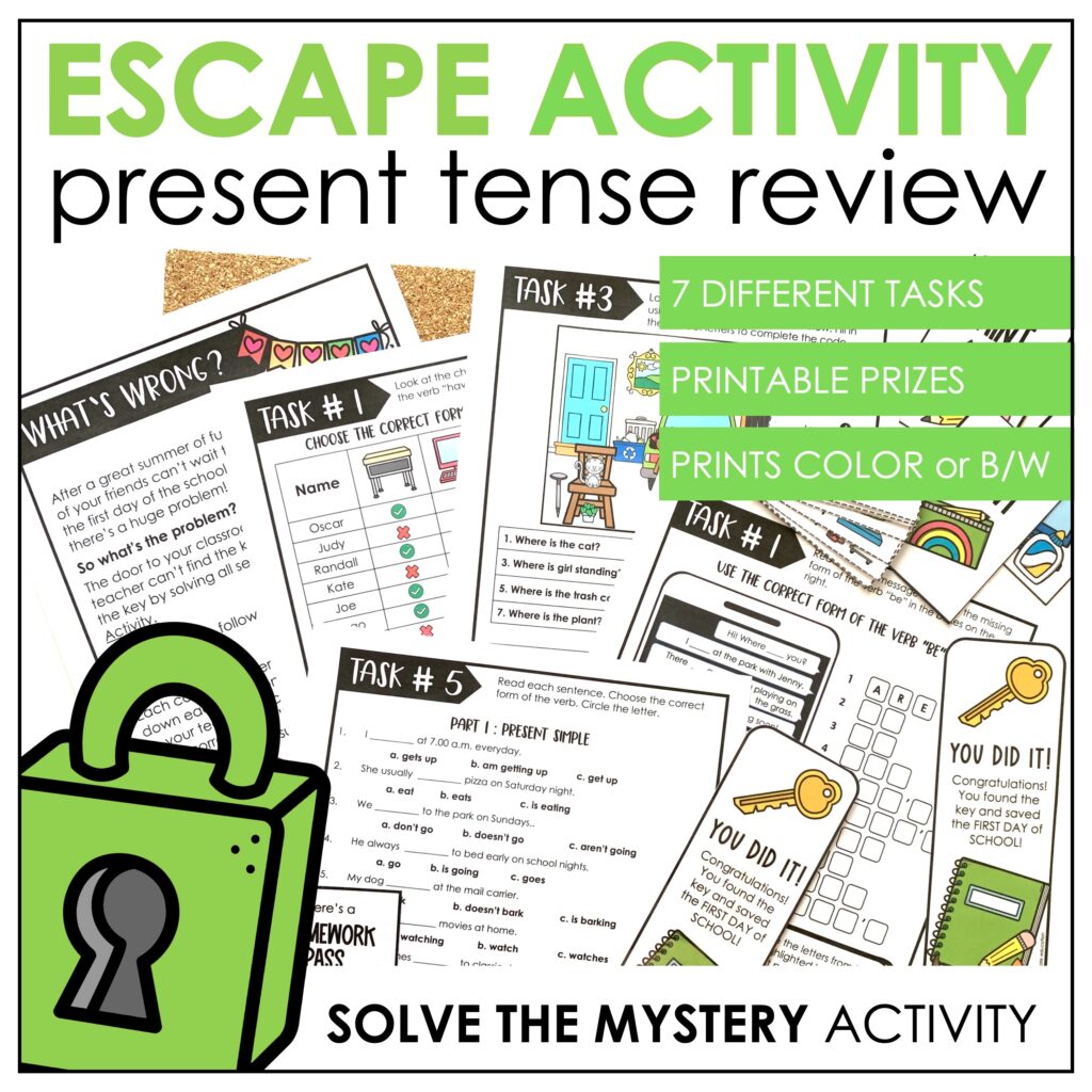 Present Tenses Grammar Review - Escape Room Activity | ELL /EFL / ESL ...