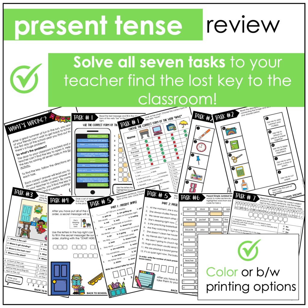 Present Tenses Grammar Review - Escape Room Activity | ELL /EFL / ESL ...