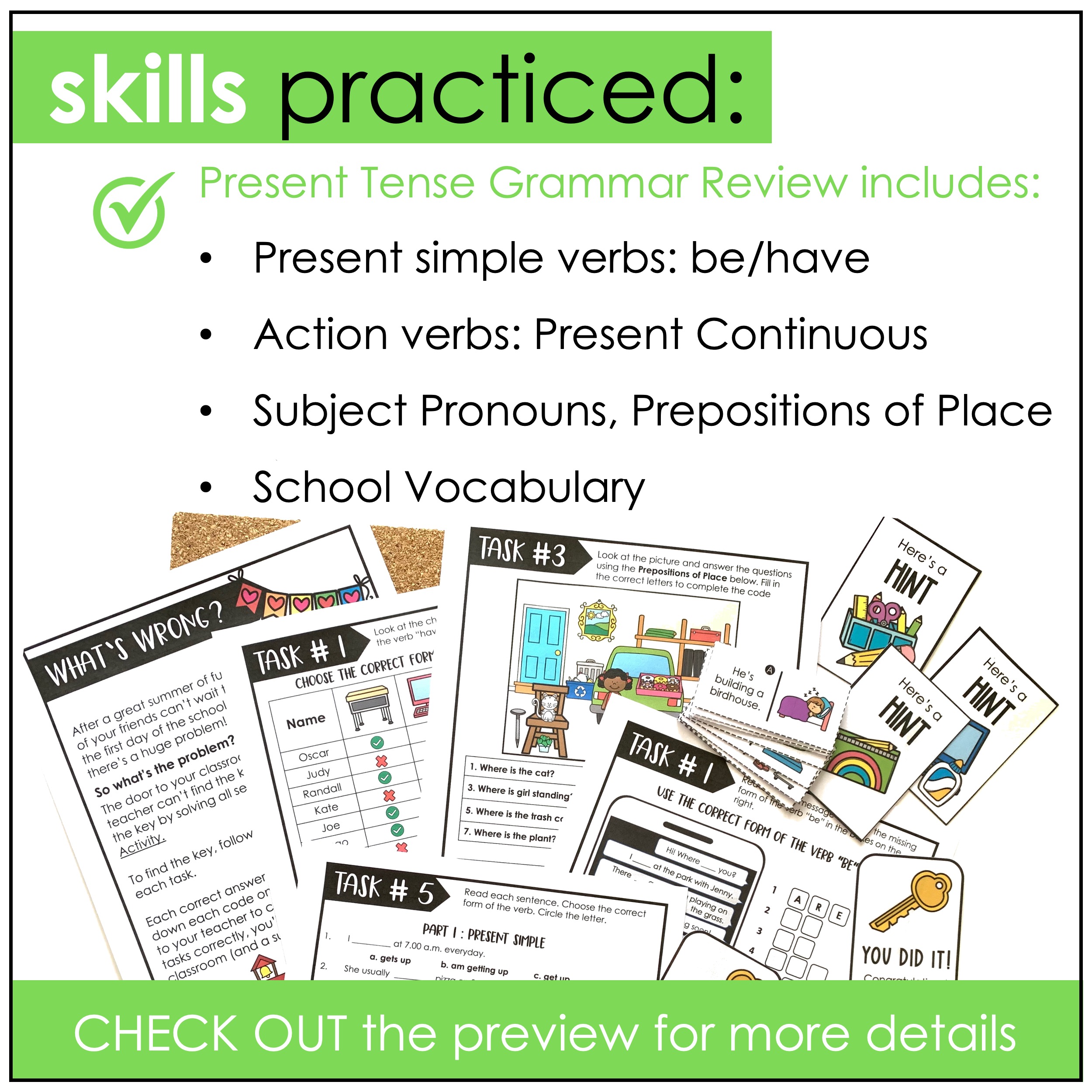 Present Tenses Grammar Review - Escape Room Activity | ELL /EFL / ESL ...