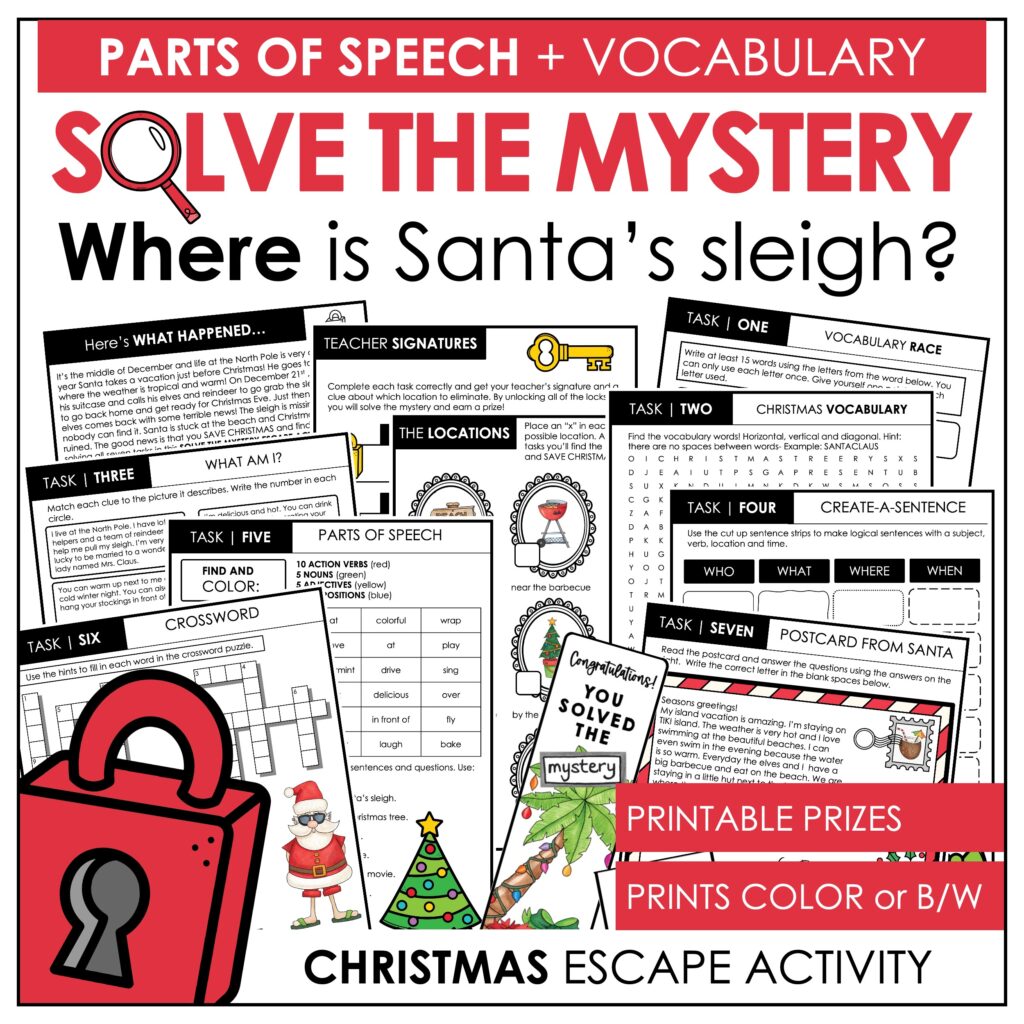 Christmas Escape Room - Vocabulary - Comprehension - Parts of Speech ...