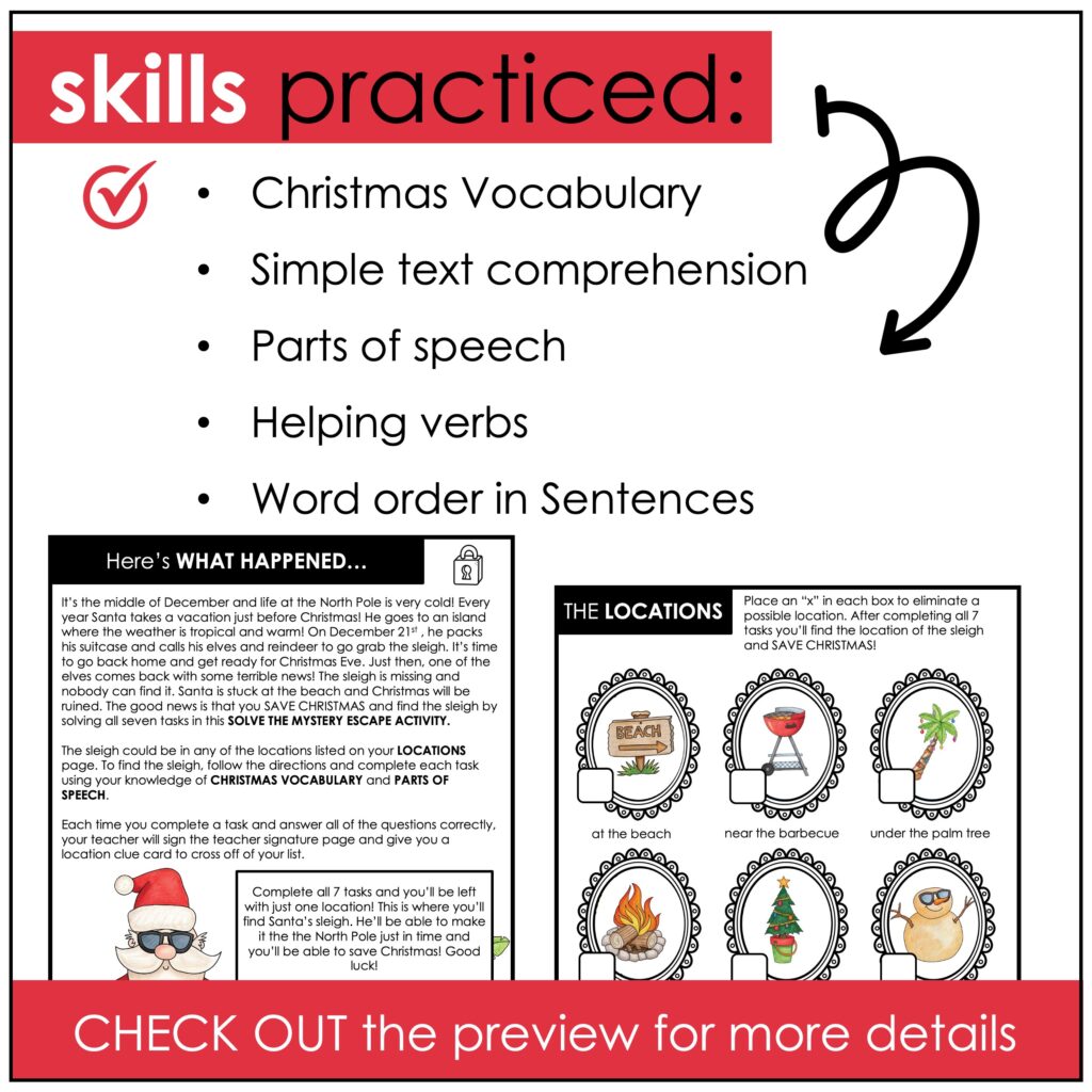 Christmas Escape Room - Vocabulary - Comprehension - Parts of Speech ...