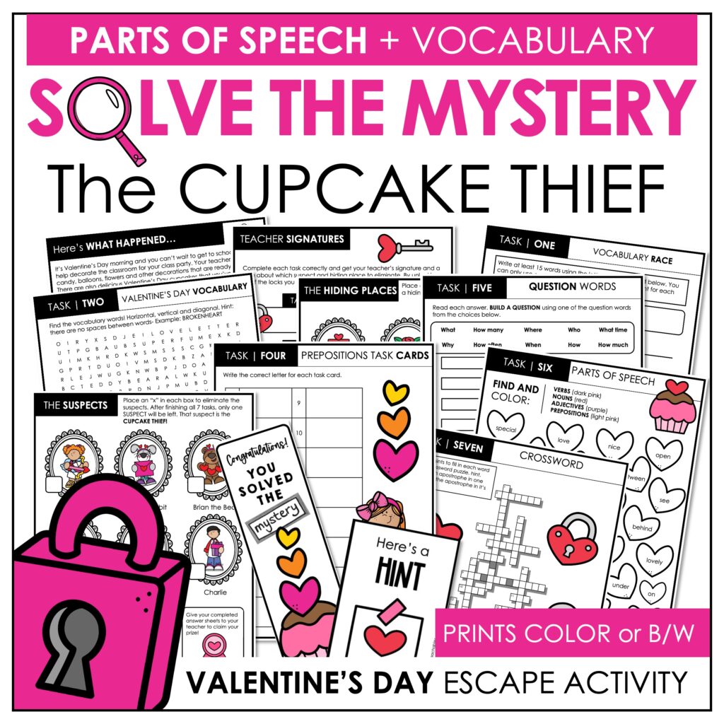 Valentine's Day Vocabulary Escape Room - Parts of Speech - Solve the ...