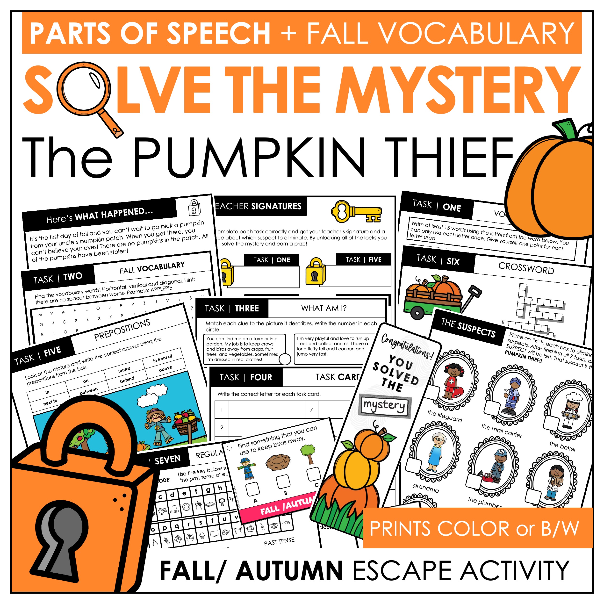 Fall Vocabulary Escape Room - Parts of Speech Solve the Mystery ...