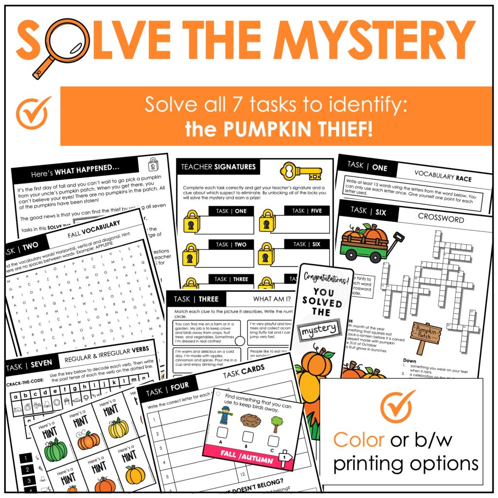 Fall Vocabulary Escape Room - Parts of Speech Solve the Mystery ...