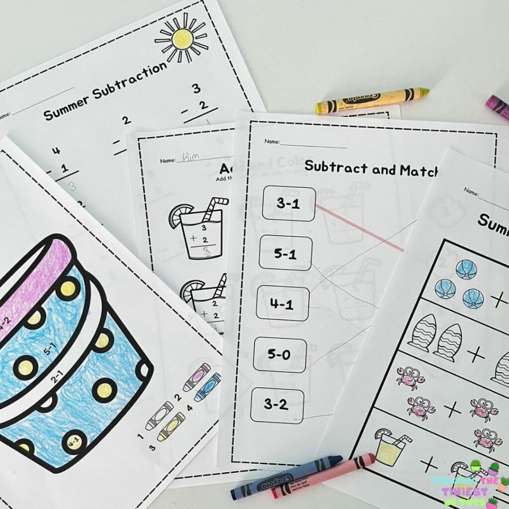 Summer Addition and Subtraction sums 1-5 Kindergarten Math Worksheets ...