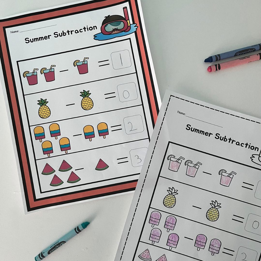 Summer Addition and Subtraction sums 1-5 Kindergarten Math Worksheets ...