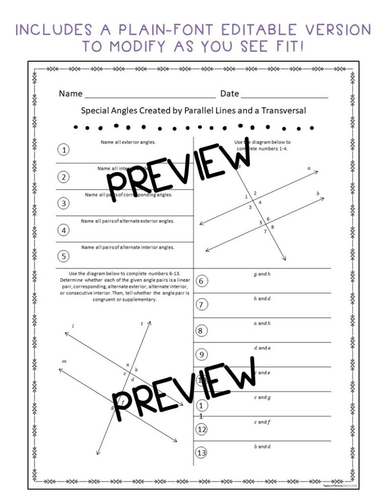 Perpendicular and Parallel Lines - Editable Student Practice Pages ...