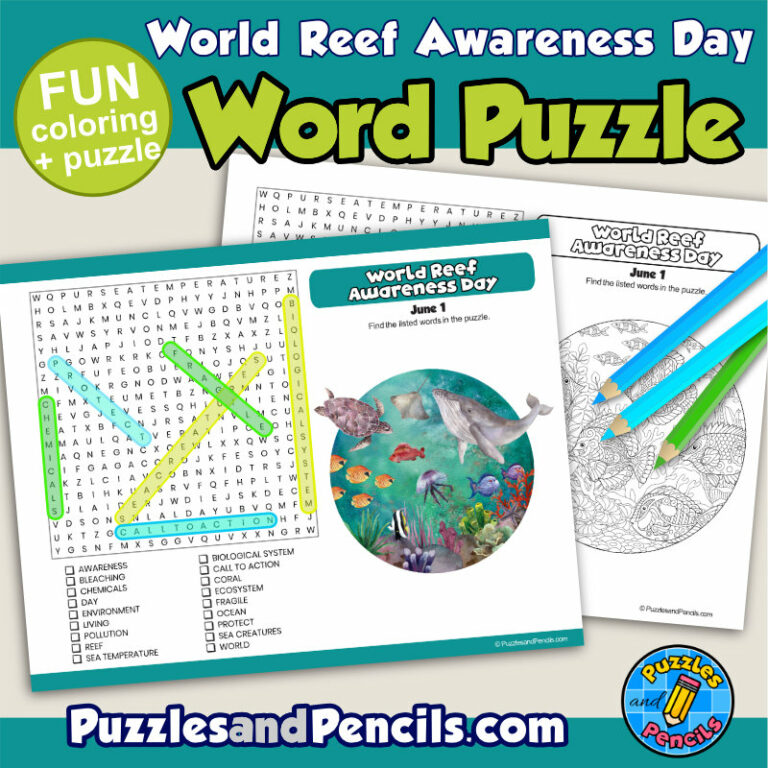 World Reef Awareness Day Word Search Puzzle Activity Page and Coloring ...