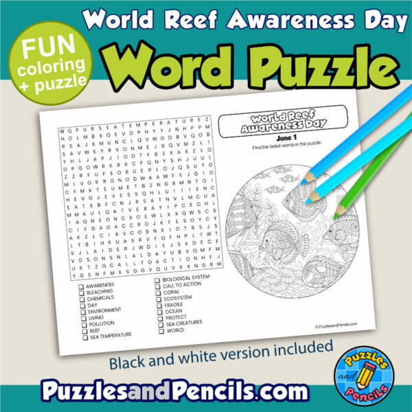World Reef Awareness Day Word Search Puzzle Activity Page and Coloring ...