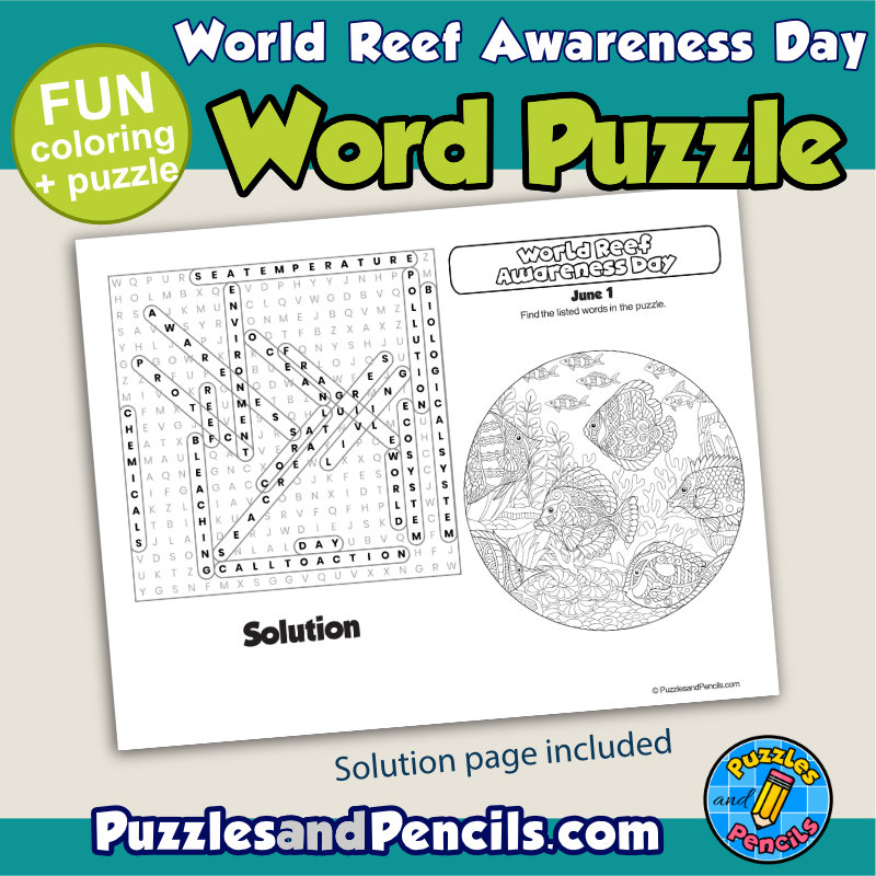 World Reef Awareness Day Word Search Puzzle Activity Page and Coloring ...