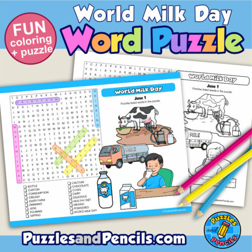 World Milk Day Word Search Puzzle Activity Page and Coloring | May ...
