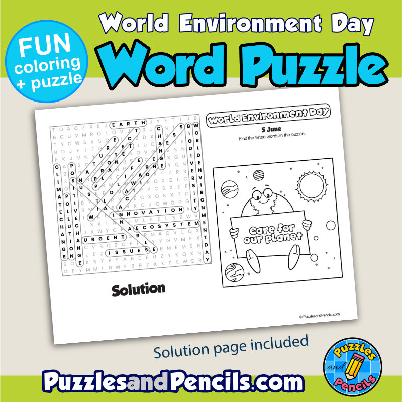 World Environment Day Word Search Puzzle Activity Page and Coloring ...