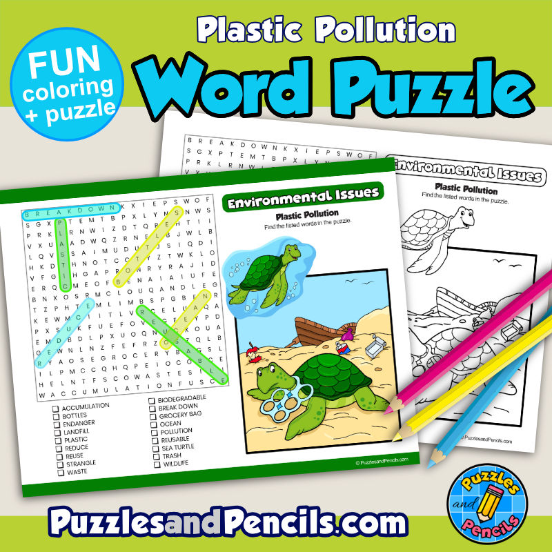 Plastic Pollution Word Search Puzzle Activity Page and Coloring | June ...
