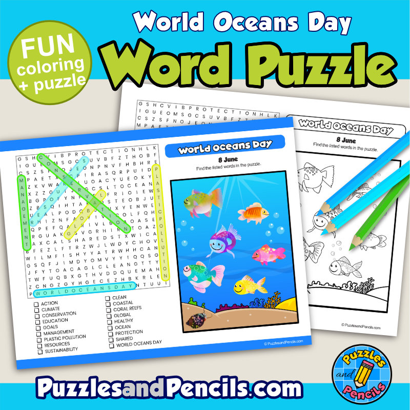 World Oceans Day Word Search Puzzle Activity Page and Coloring | June ...