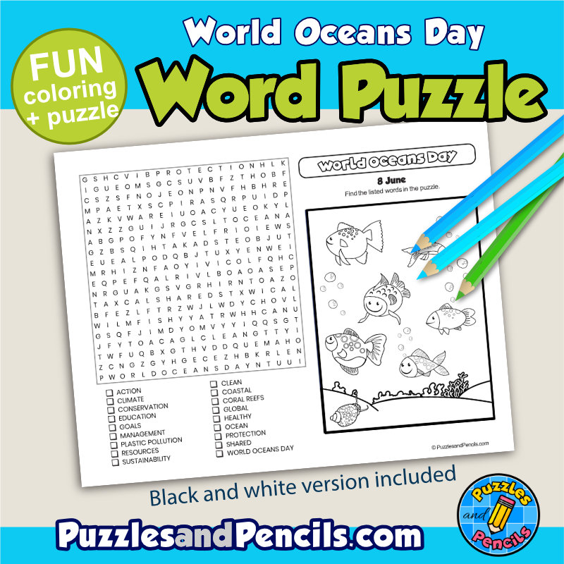 World Oceans Day Word Search Puzzle Activity Page and Coloring | June ...