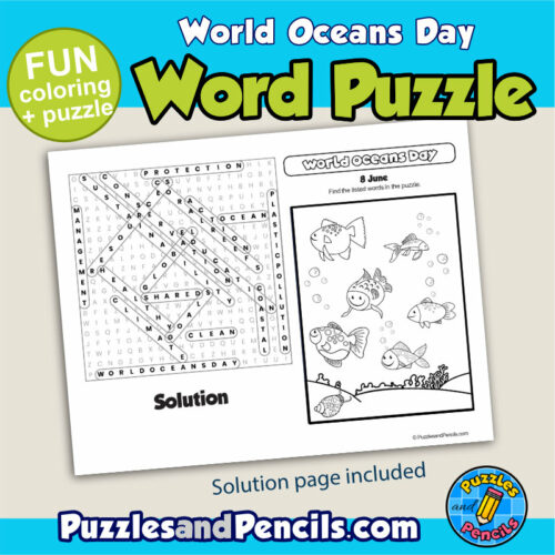 World Oceans Day Word Search Puzzle Activity Page and Coloring | June ...