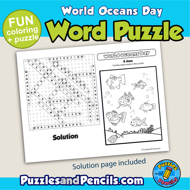 World Oceans Day Word Search Puzzle Activity Page and Coloring | June ...