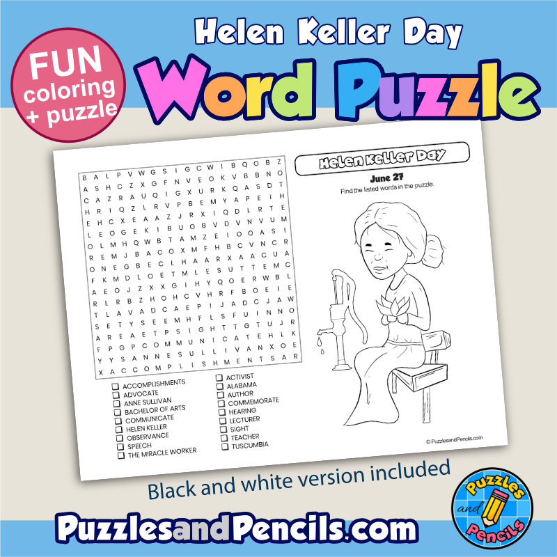 Helen Keller Day Word Search Puzzle Activity Page and Coloring | June ...